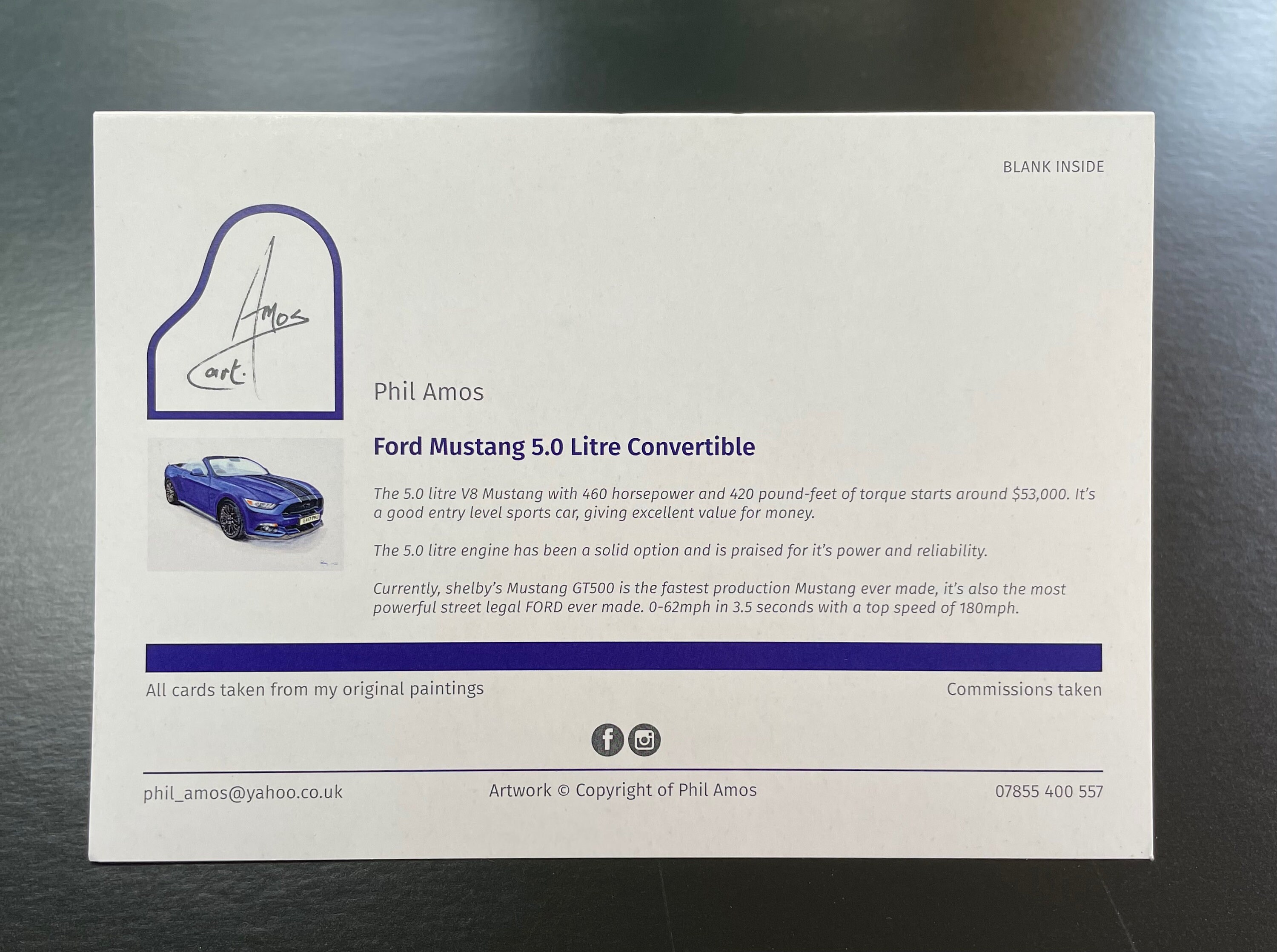 FORD MUSTANG 5.0. Blue Mustang. Ford Card - Etsy