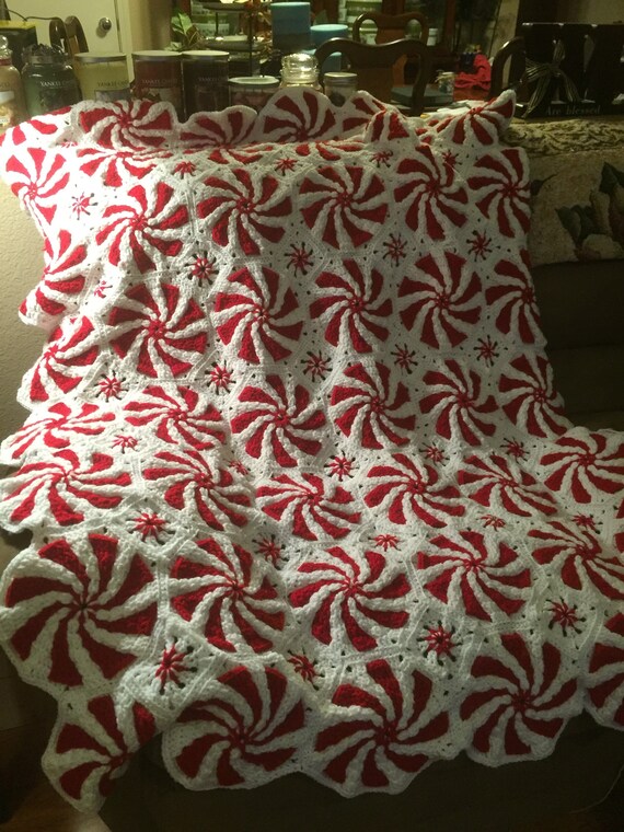 Red Peppermint Afghan handmade crochet | Etsy