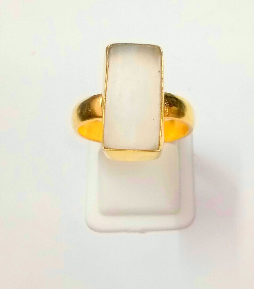 Gold Plated Rectangular Selenite Ring | Bold White Gemstone Ring ...
