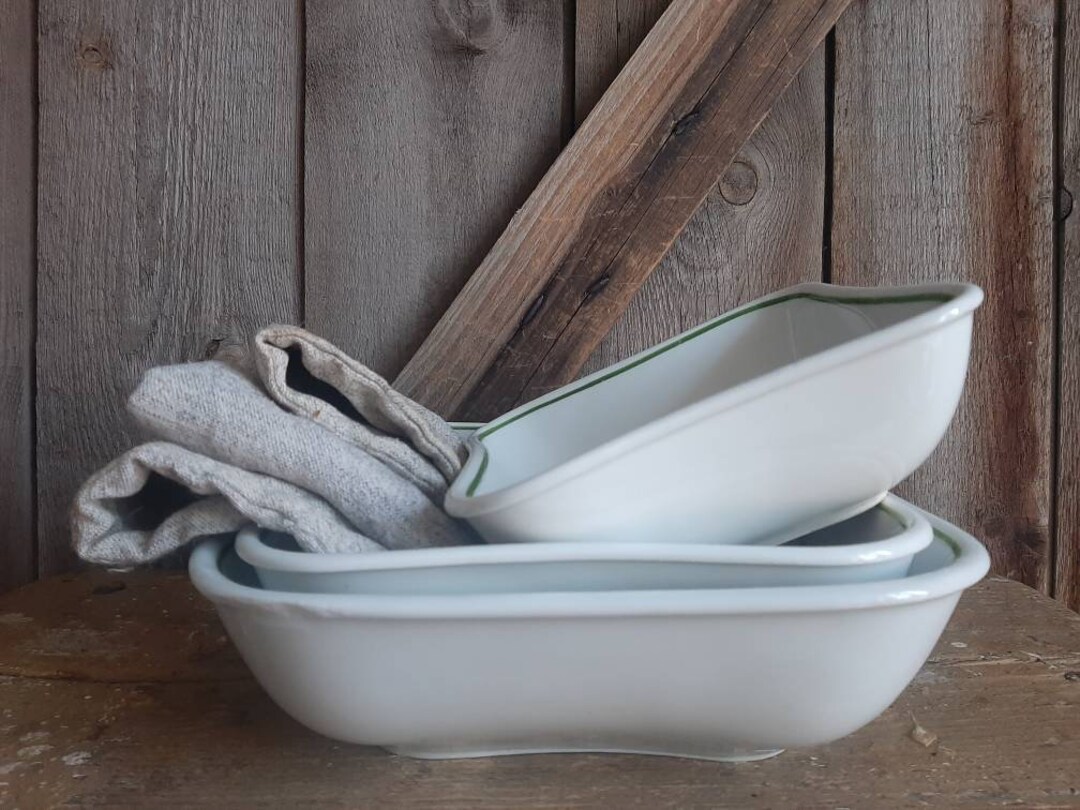 .RAR! 3 Antique White Ironstone BOWLS With Delicate Green Stripes ...