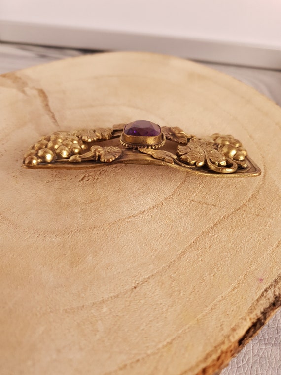 Antique Sash Pin Ornate Brass With Simulated Amethyst… - Gem