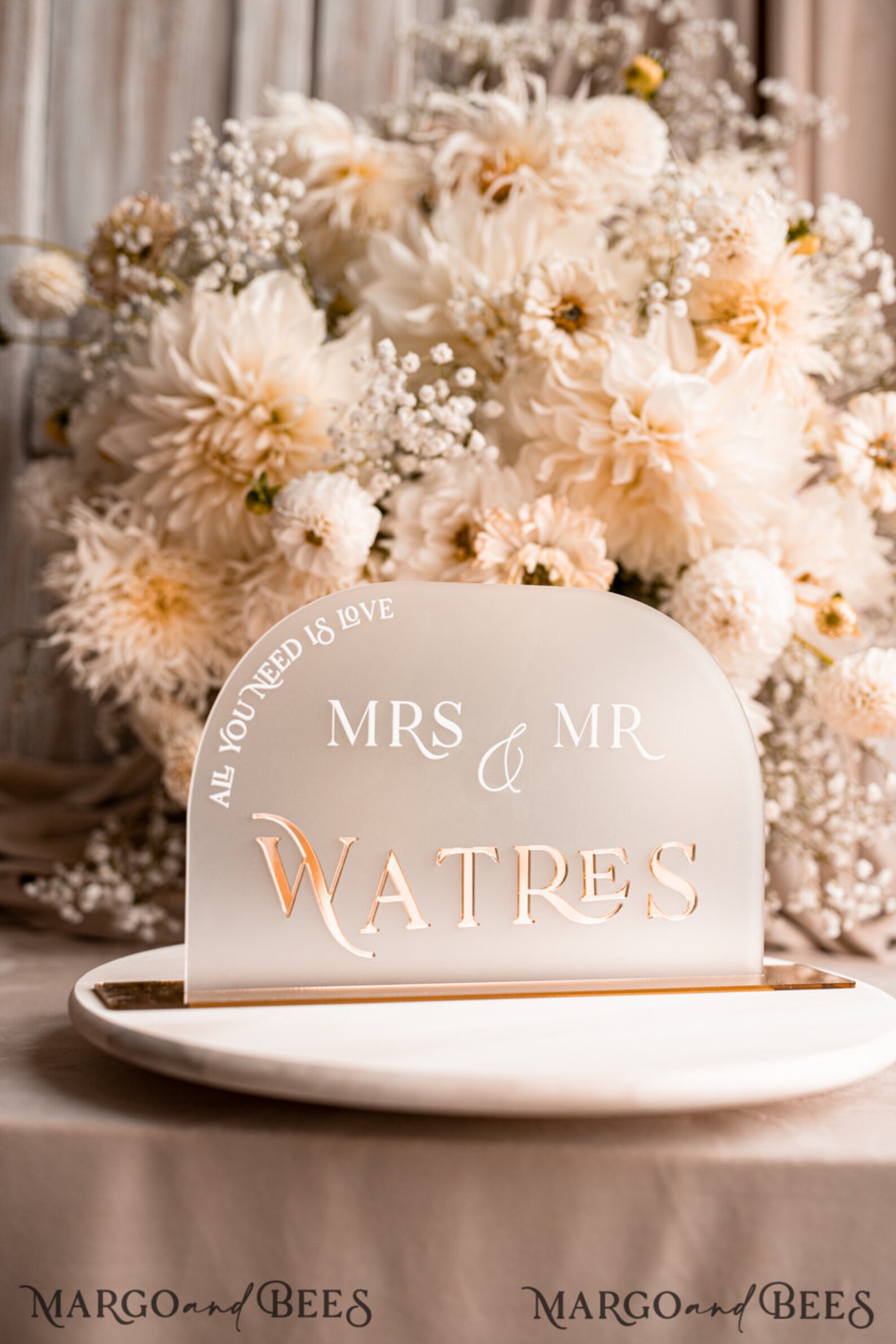 Acrylic Arch Frozen Top Table Sign, White and Gold Top Table Sign ...