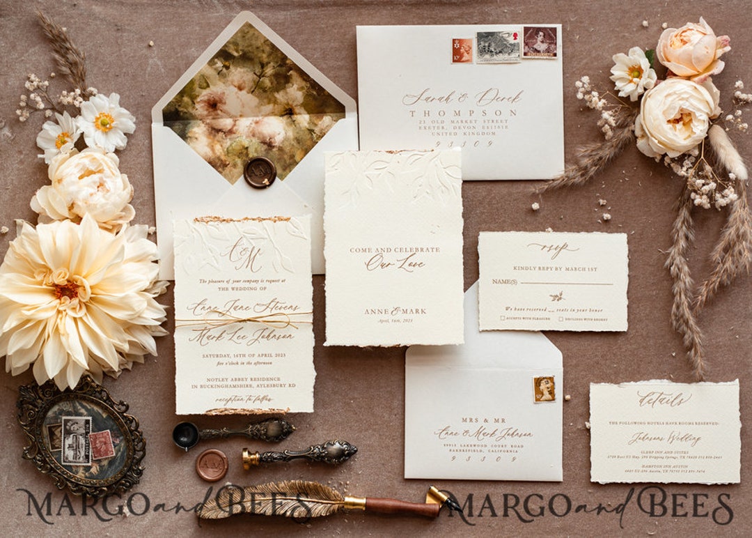 Embossed Ivory Gold Wedding Invitation, Floral Wedding Invitation ...