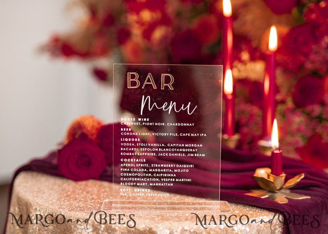 Modern Acrylic Gold Bar Menu Sign, Simple Plexi Table Bar Menu, Luxury ...