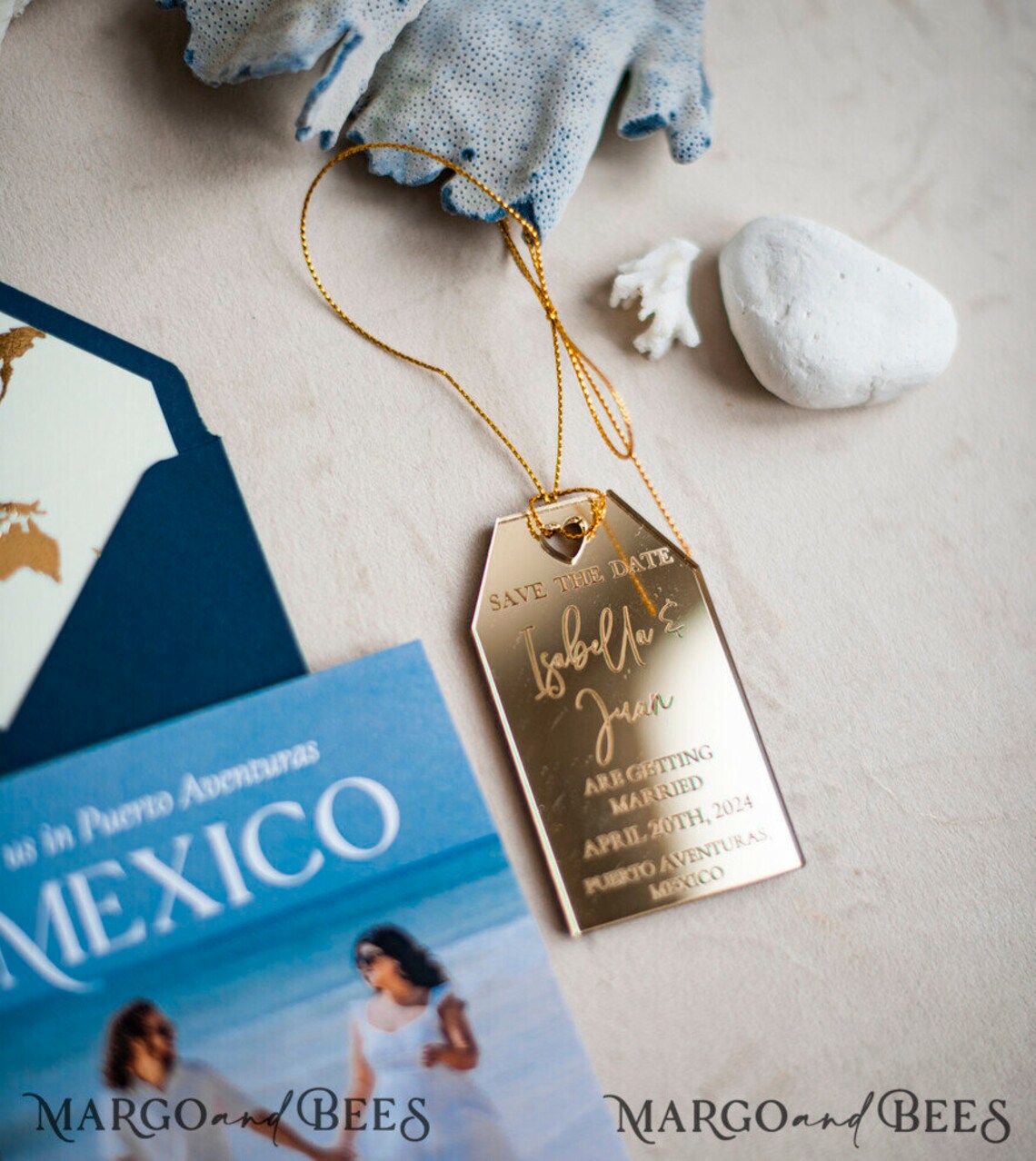 Travel Photo Save the Date Acrylic Tag Magnet Card Gold Luggage Tag ...