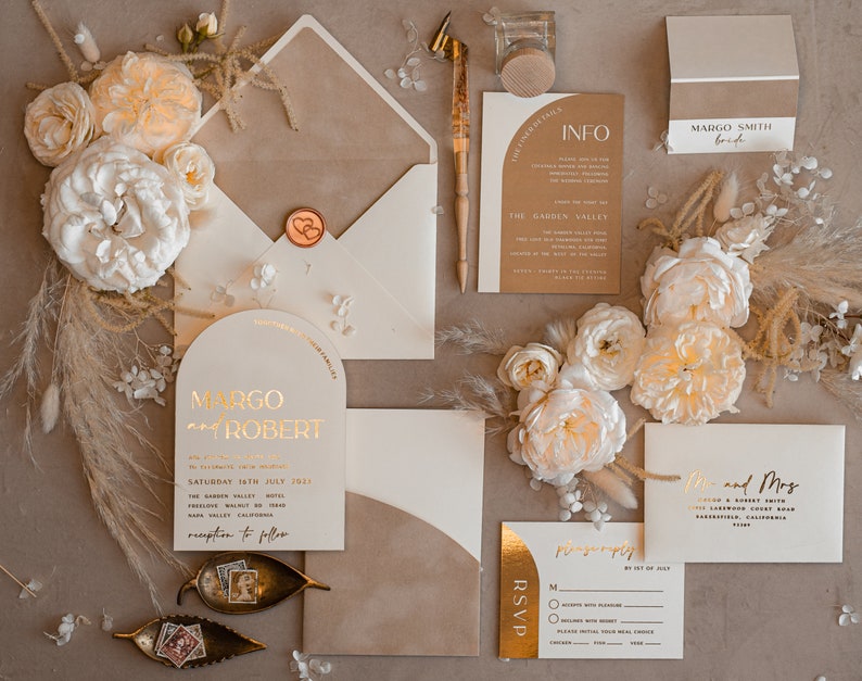 Custom Wedding Invitations Velvet Beige Pocket, Elegant Arch Wedding ...