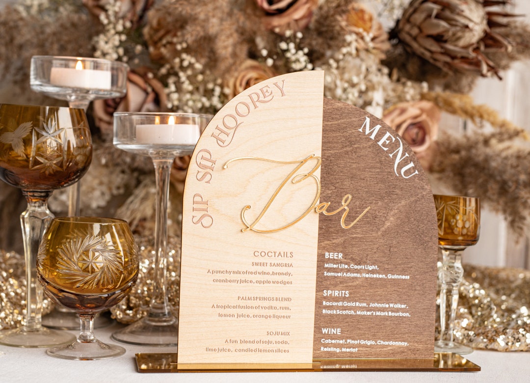 Rustic Wooden Arch Bar Menu Combo, Wood & Plexi Glass Gold Drink Bar ...
