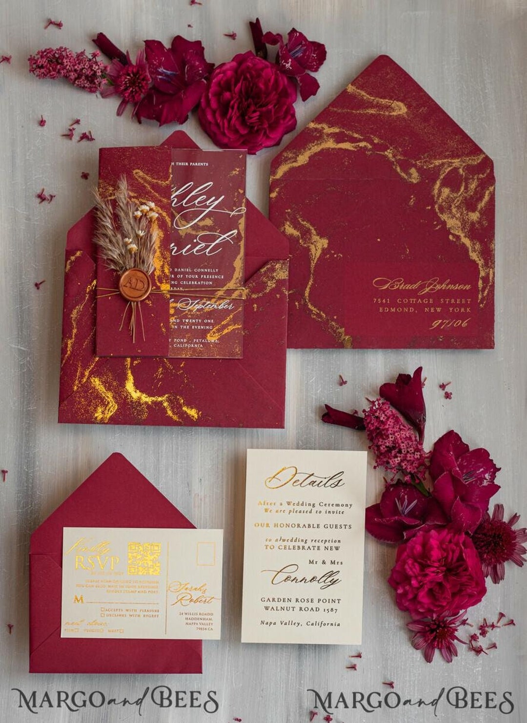 Clear Gold Acrylic Wedding Invitations Maroon Marble Plexi Glass ...