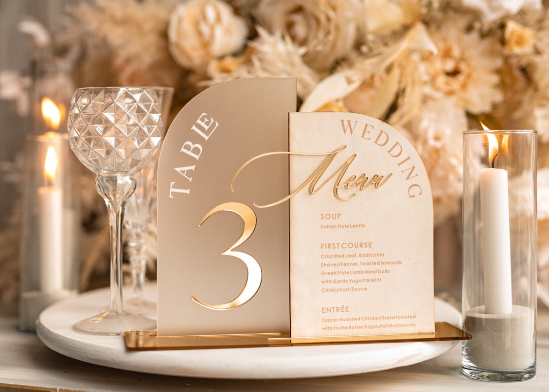 Acrylic Arch Table Number and Dinner Menu Combo, Ivory Velvet Gold Sign ...
