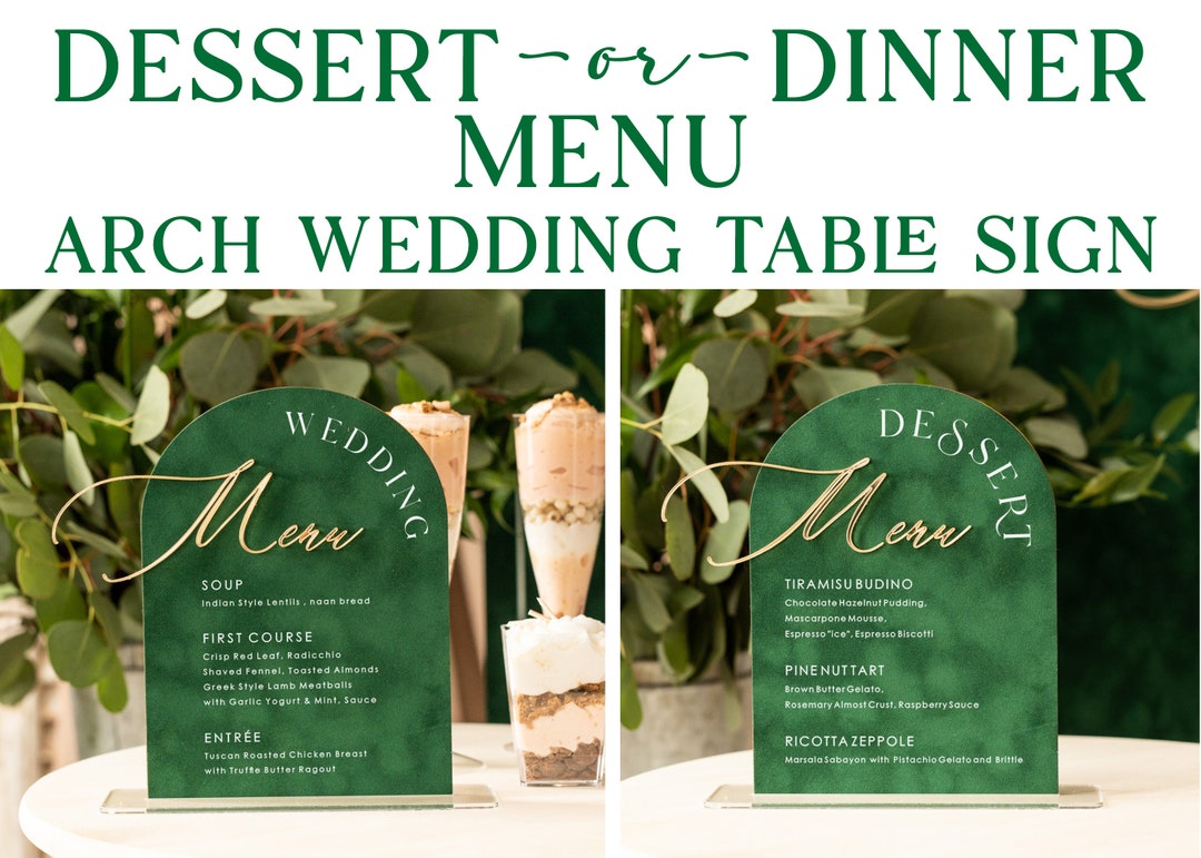 Green Velvet Arch Dinner or Dessert Menu, Gold Plexi Wedding Menu Sign ...