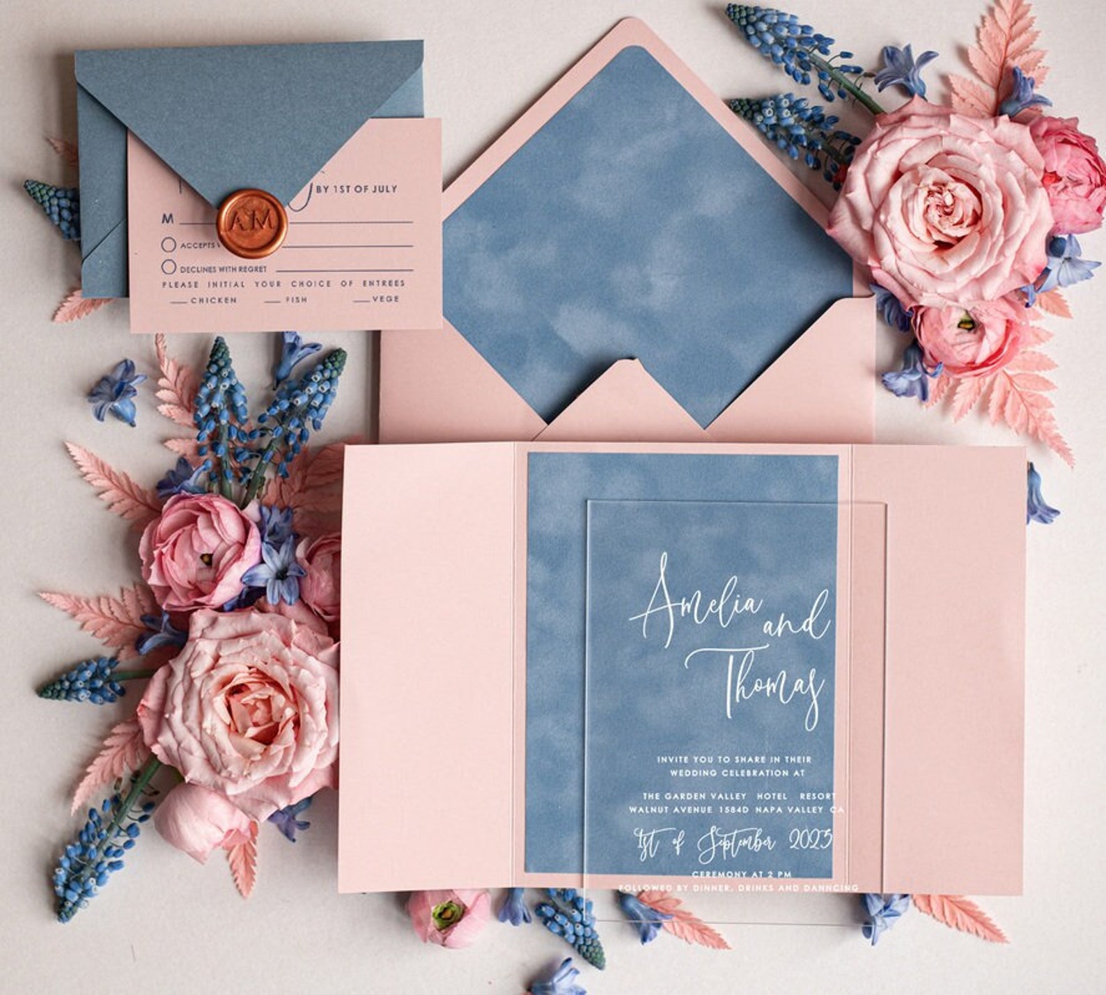 Acrylic Blush Pink Wedding Invitation Set Velvet Dusty Blue - Etsy