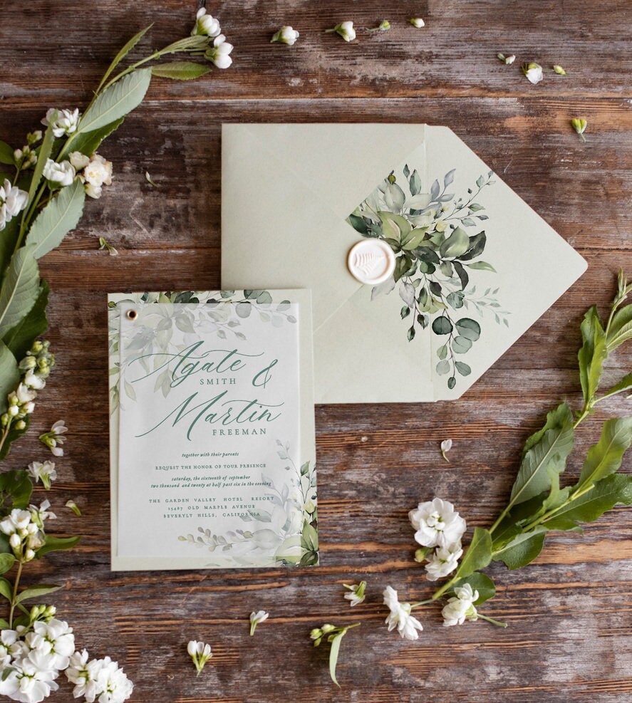 SALE Ssge Green Wedding Invitations Suite Greneery Rustic - Etsy