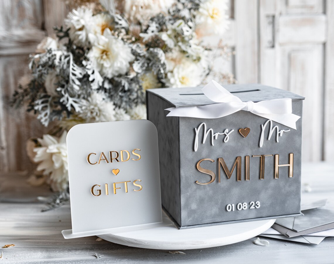 Gift Card Box & Sign Set, Velvet Grey Wedding Wishing Well Money Gift ...