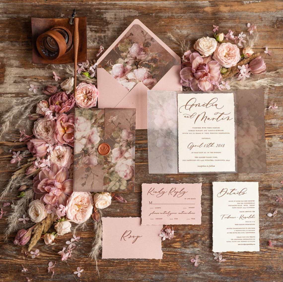 Romantic Pink Vintage Wedding Invitations Vellum Wrapping and - Etsy