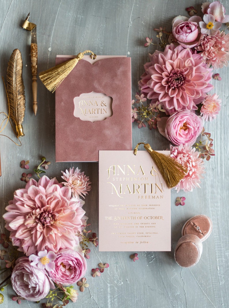 Luxury Blush Pink Velvet Wedding Invitations Gold Foil - Etsy