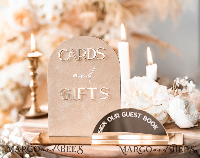 Golden Acrylic Cards & Guestbook Signs With Stand, Beige Velvet Gold ...