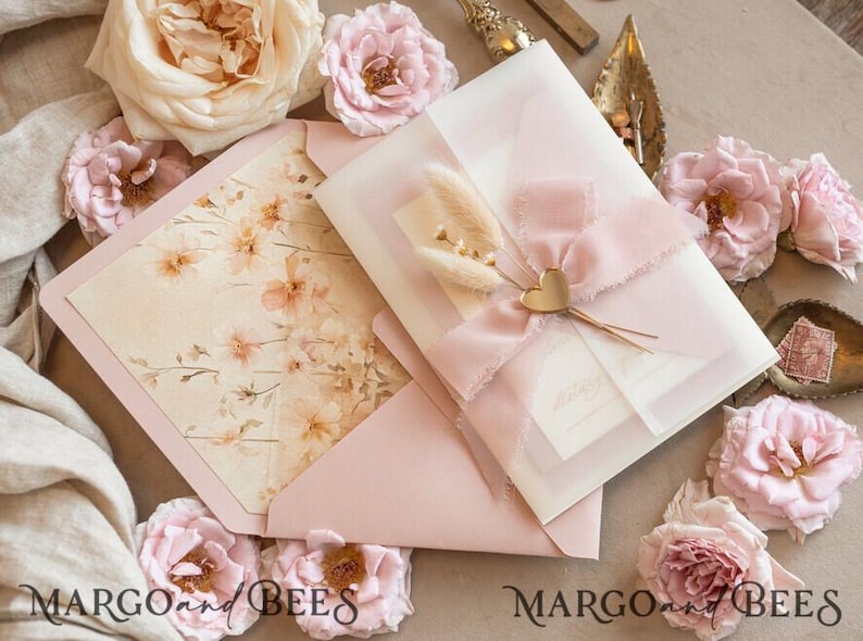 Faire-part de mariage personnalisé rose ivoire doré avec RSVP, ensemble ...