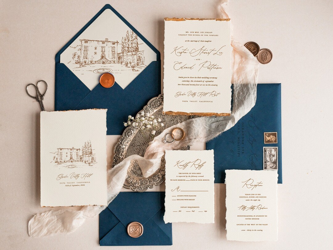 Navy Blue Wedding Invitations, Deckled Gold Edge Wedding Invites ...