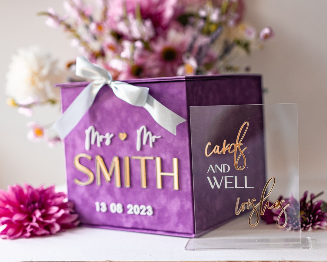 Gift Card Box & Cards Well Wishes Sign Set , Velvet Purple Wedding ...