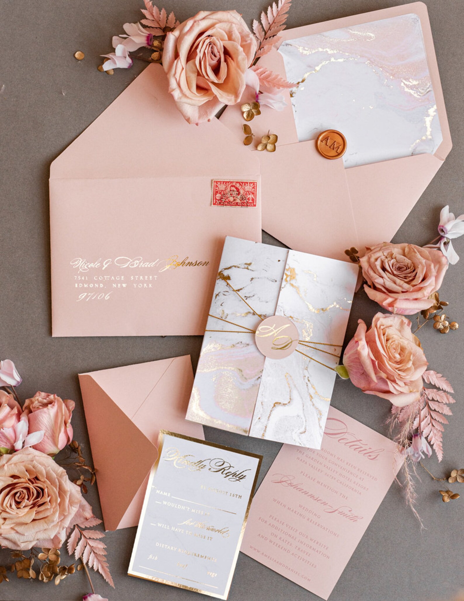 Marble Gold Wedding Invitations Card Set Glamour Blush Pink | Etsy