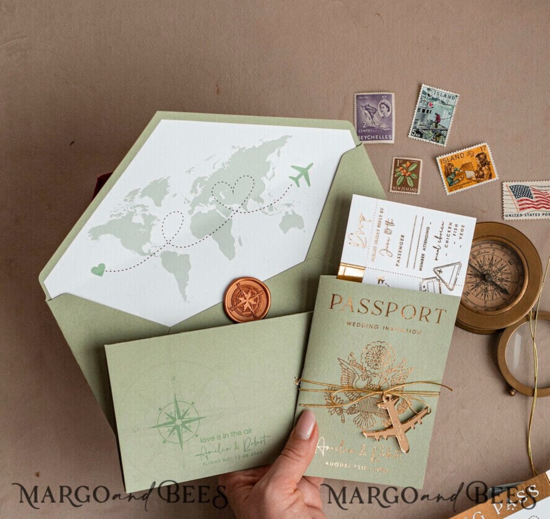 Gold Sage Green Passport Travel Wedding Invitation, Wedding Abroad ...