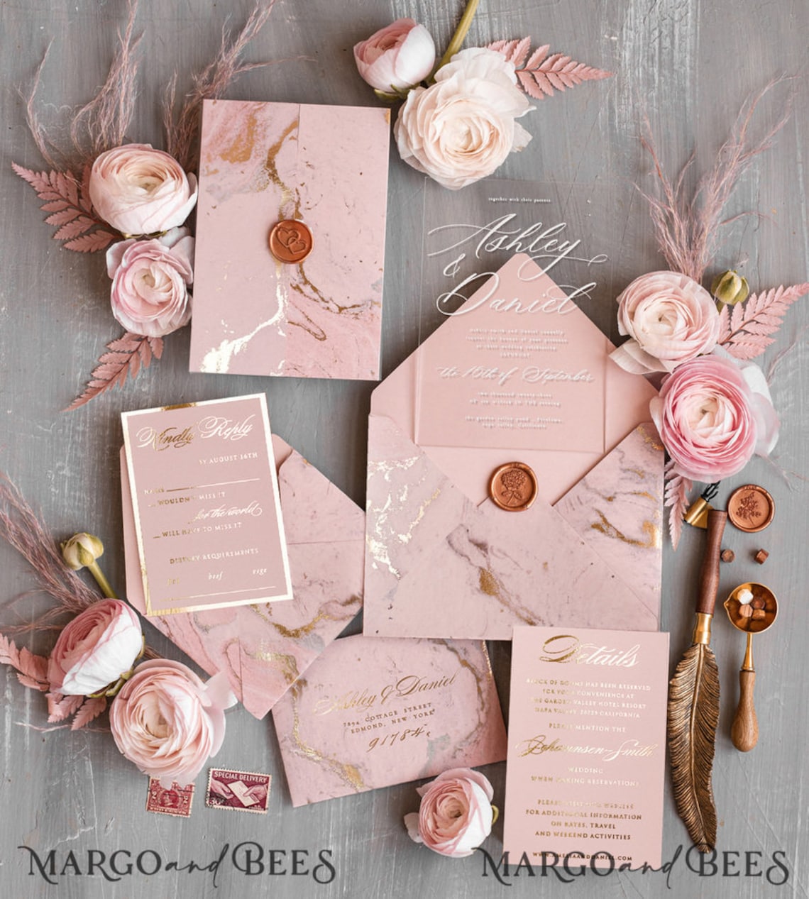 Pink Marble Golden Wedding Invitations Set Luxury Wedding Invitation ...