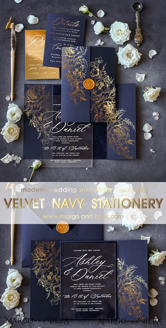 Navy Blue And Ivory Wedding Invitations