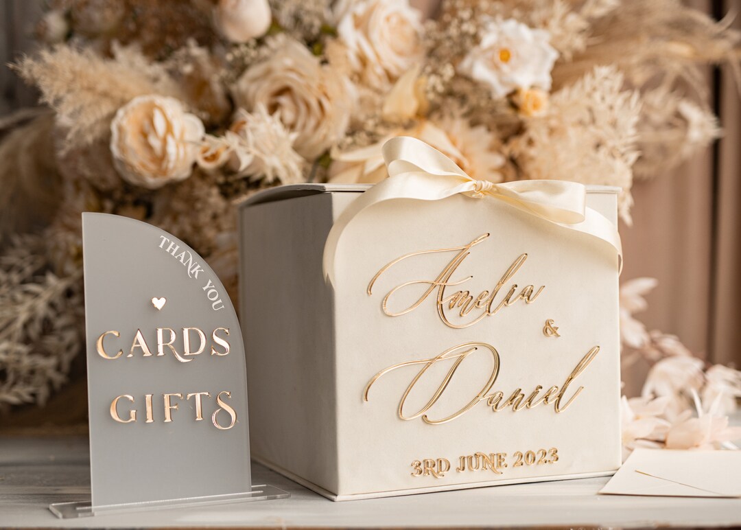 Ivory Velvet Wedding Card Box, Ivory and Gold Card Box With Cards and ...