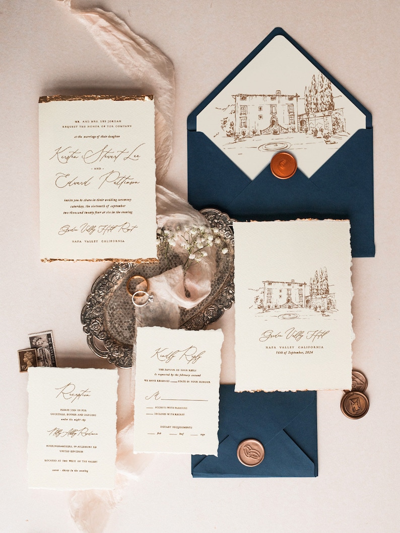 Navy Blue Wedding Invitations Deckled Gold Edge Wedding - Etsy