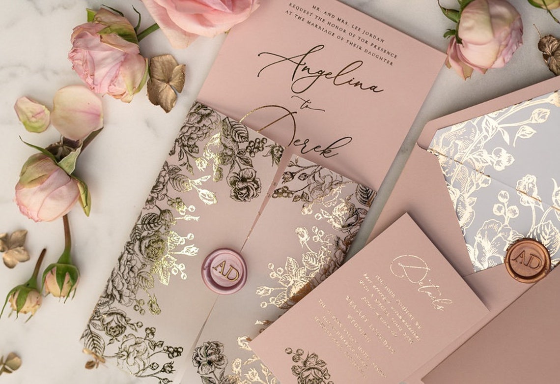Luxury Pink Gold Floral Wedding Invitations, Elegant Wedding Invitation ...