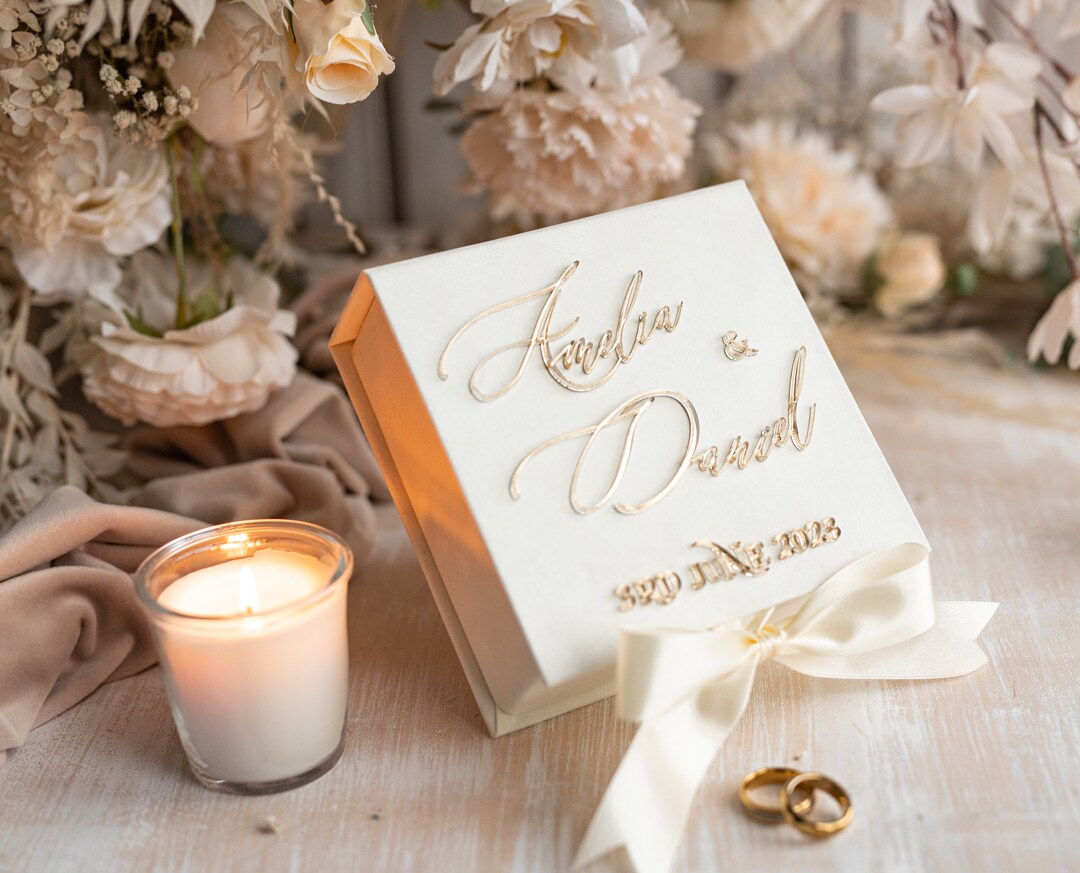Ivory Wedding Ring Boxes His Hers, Luxury Velvet Golden Ring Box Double ...