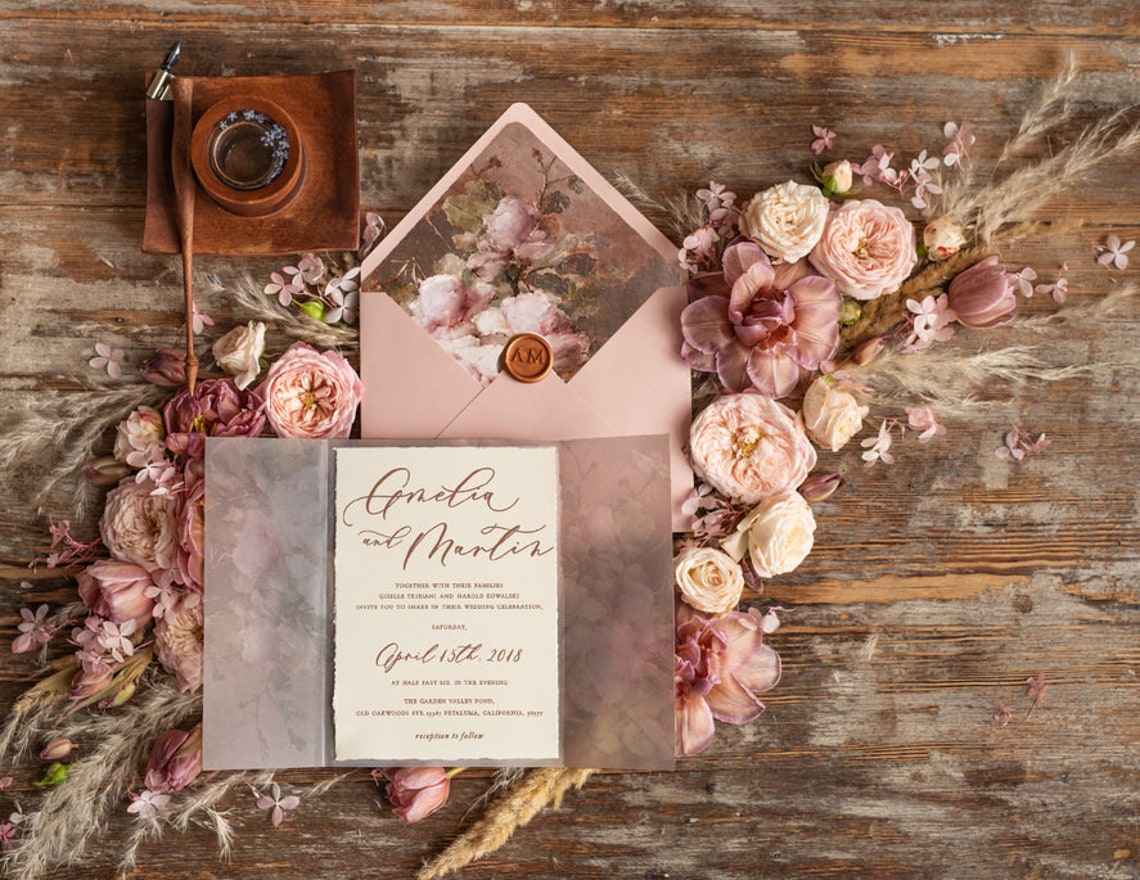 Romantic Pink Vintage Wedding Invitations Vellum Wrapping and - Etsy