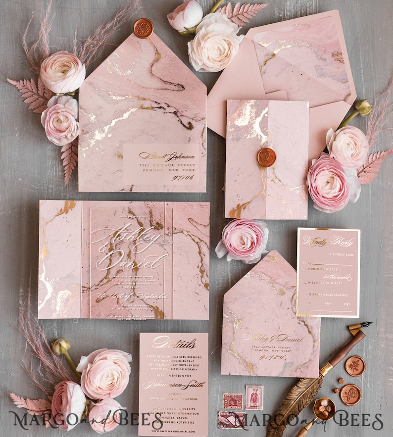 Pink Marble Golden Wedding Invitations Set Luxury Wedding Invitation ...