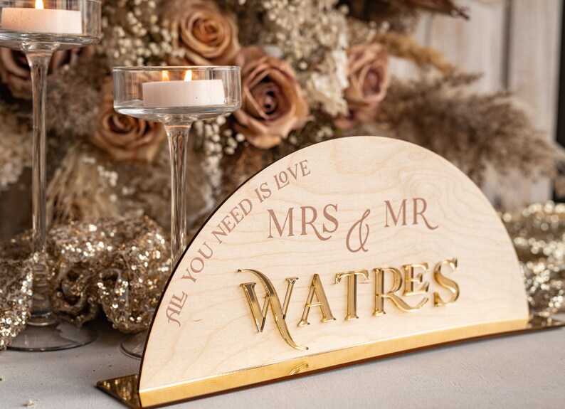 Wood and Gold Rustic Top Table Mr & Mrs Signs With Gold Stand, Wooden ...