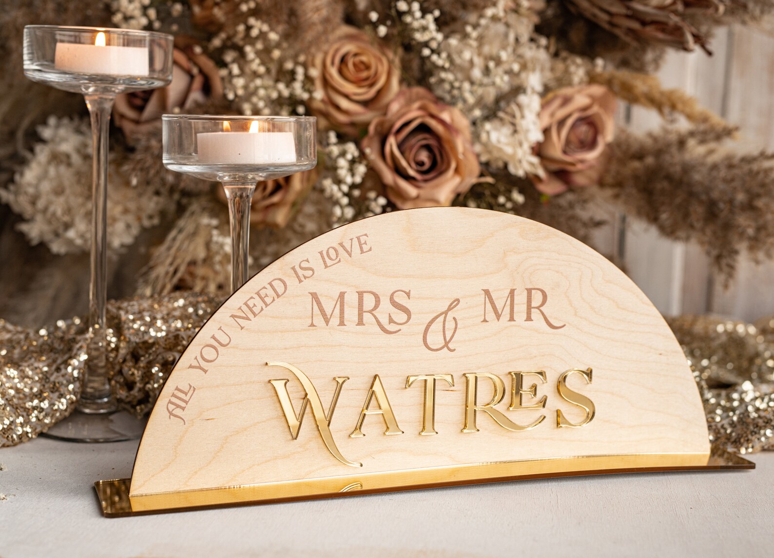 Wood and Gold Rustic Top Table Mr & Mrs Signs With Gold Stand, Wooden ...