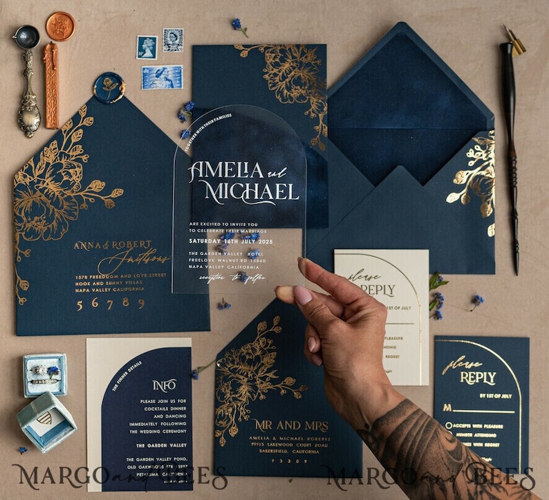 Arch Acrylic Gold Wedding Invitations, Navy Blue Wedding Invites Set ...