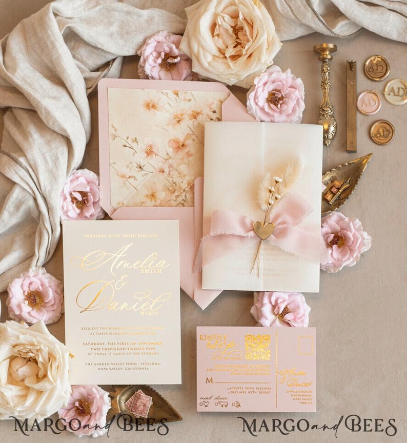 Faire-part de mariage personnalisé rose ivoire doré avec RSVP, ensemble ...