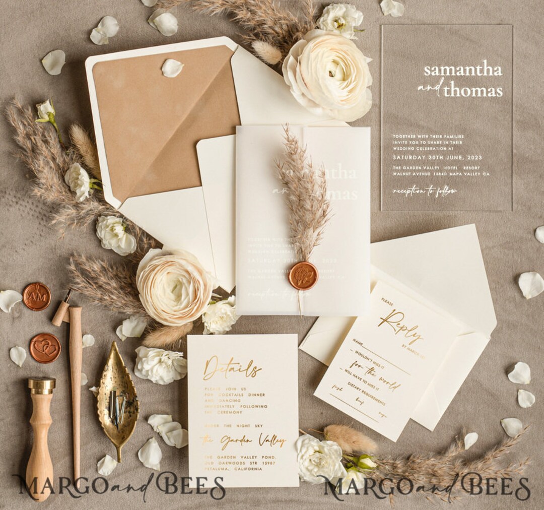 Boho Glam Acrylic Wedding Invitations, Luxury Gold Foil Pampass Grass ...