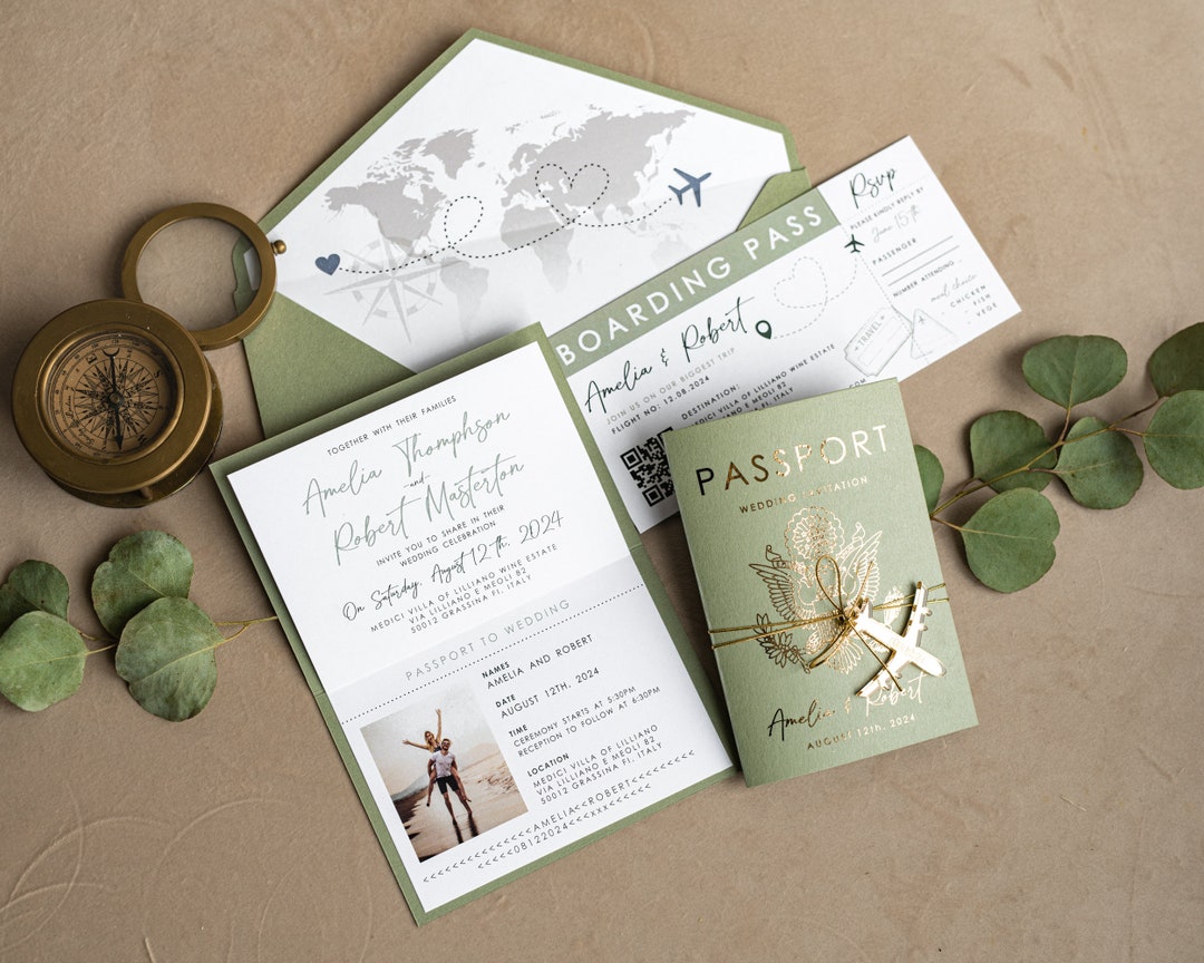Sage Green Gold Passport Wedding Invitation, Map Wedding Cards Boarding ...