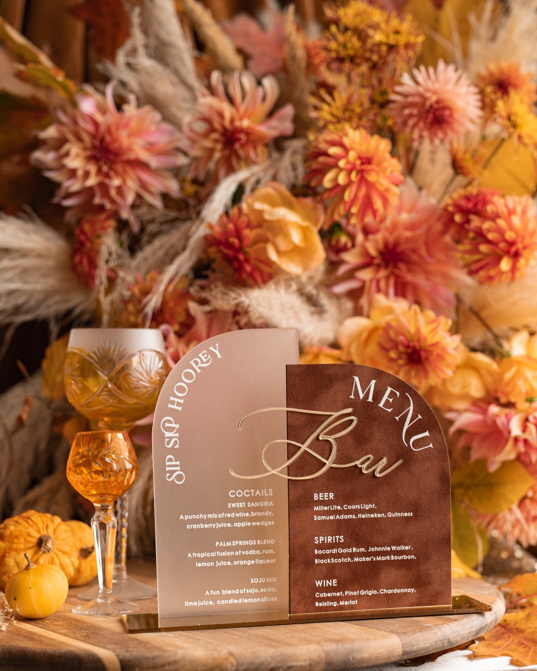 Acrylic Arch Bar Menu Combo, Frosted Plexi Glass Gold Terracotta Velvet ...
