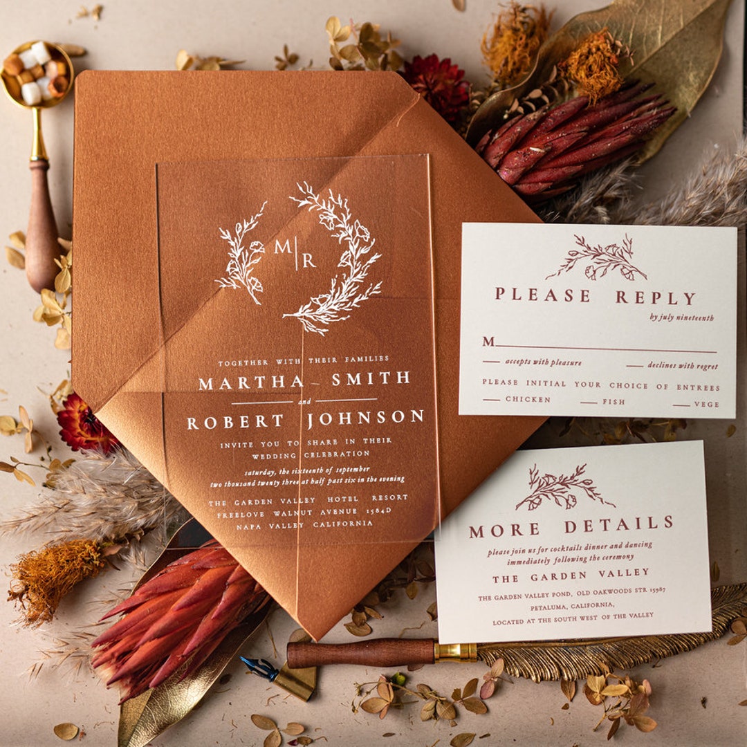 Elegantes invitaciones de boda acrílicas de terracota, invitaciones de ...