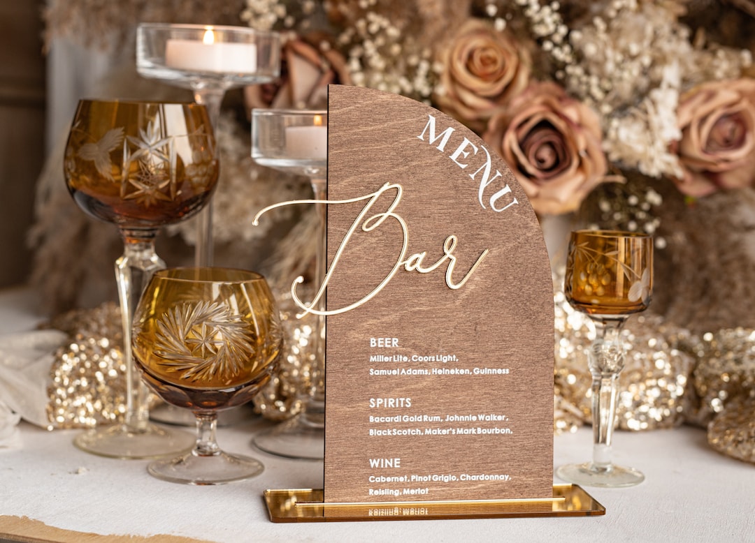 Rustic Wooden Arch Bar Menu, Wood & Gold Acryl Drink Bar Menu Sign With ...