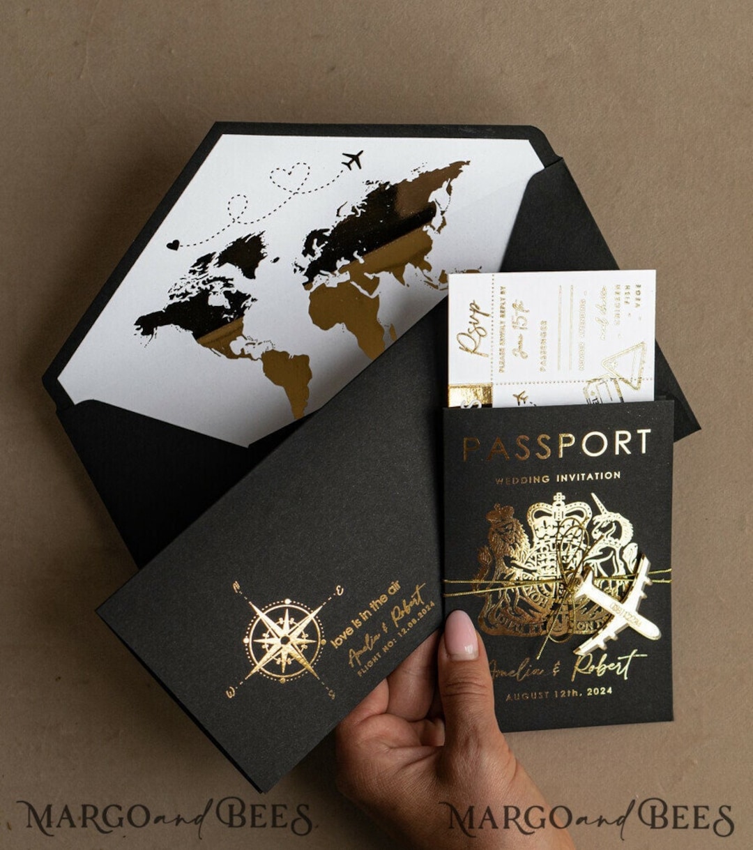 Gold Passport Travel Wedding Invitation, Wedding Abroad Cards Boarding ...