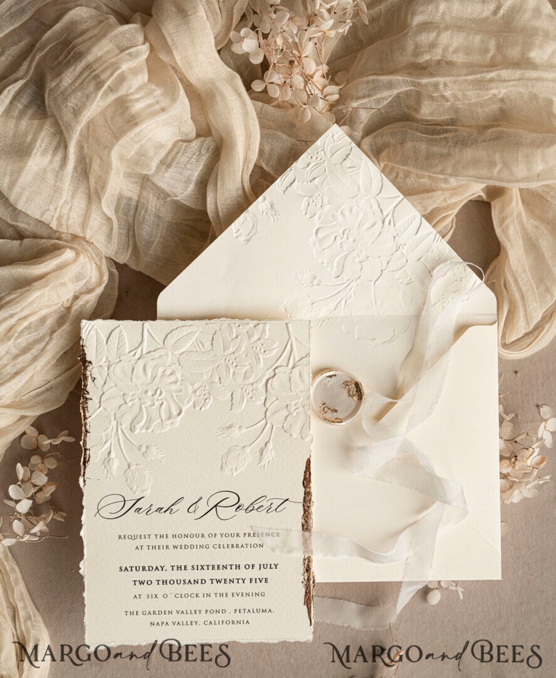 Bespoke Embossed Blind Ivory Golden Wedding Invitation With Rsvp ...