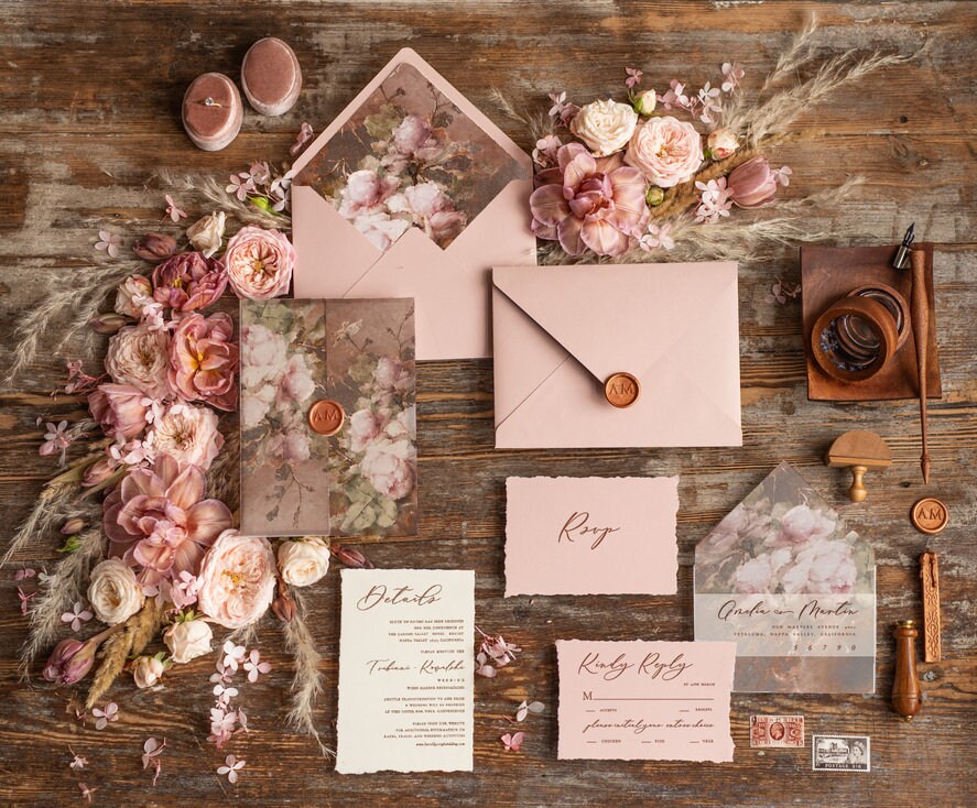 Romantic Pink Vintage Wedding Invitations, Vellum Wrapping and Wax Seal ...