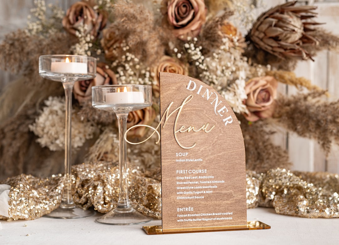 Rustic Wooden Half Arch Dinner Menu, Wood & Acrylic Gold Table Sign ...