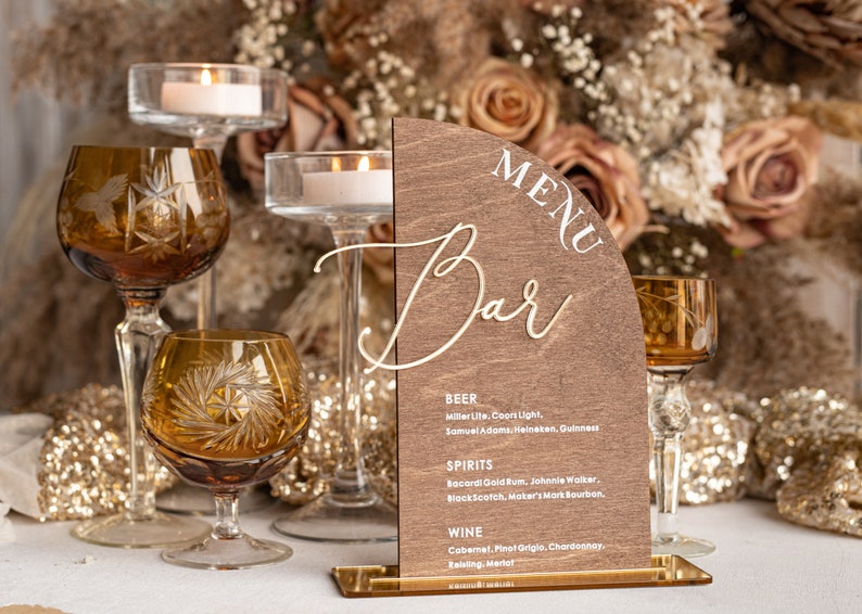 Rustic Wooden Arch Bar Menu, Wood & Gold Acryl Drink Bar Menu Sign With ...