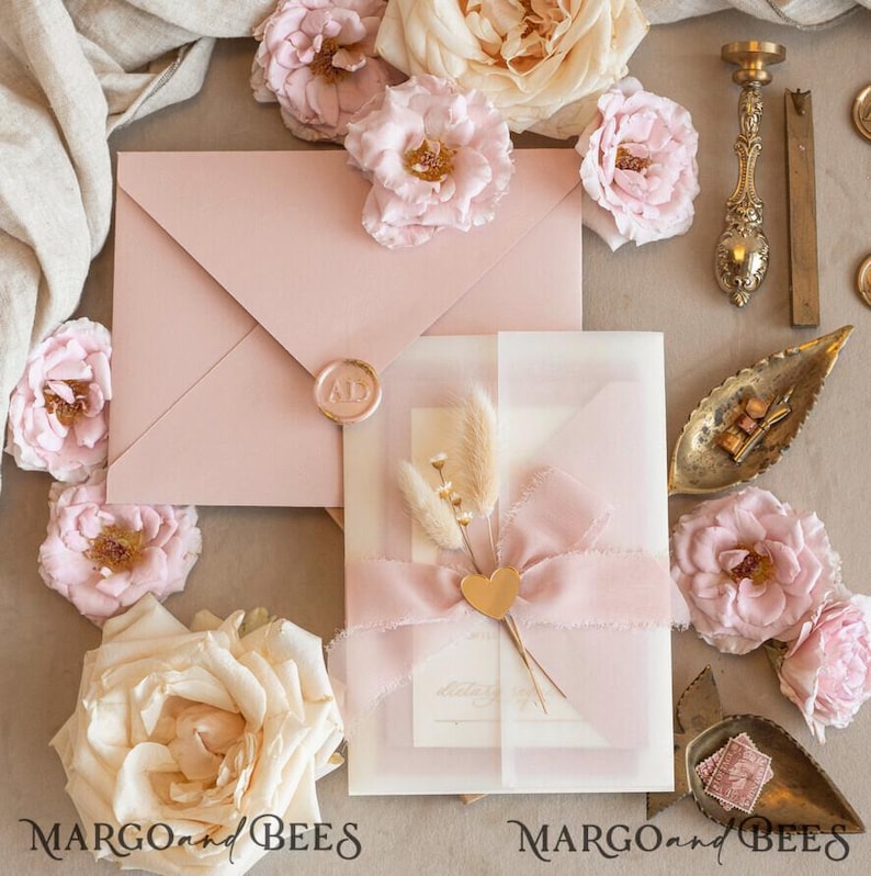 Faire-part de mariage personnalisé rose ivoire doré avec RSVP, ensemble ...