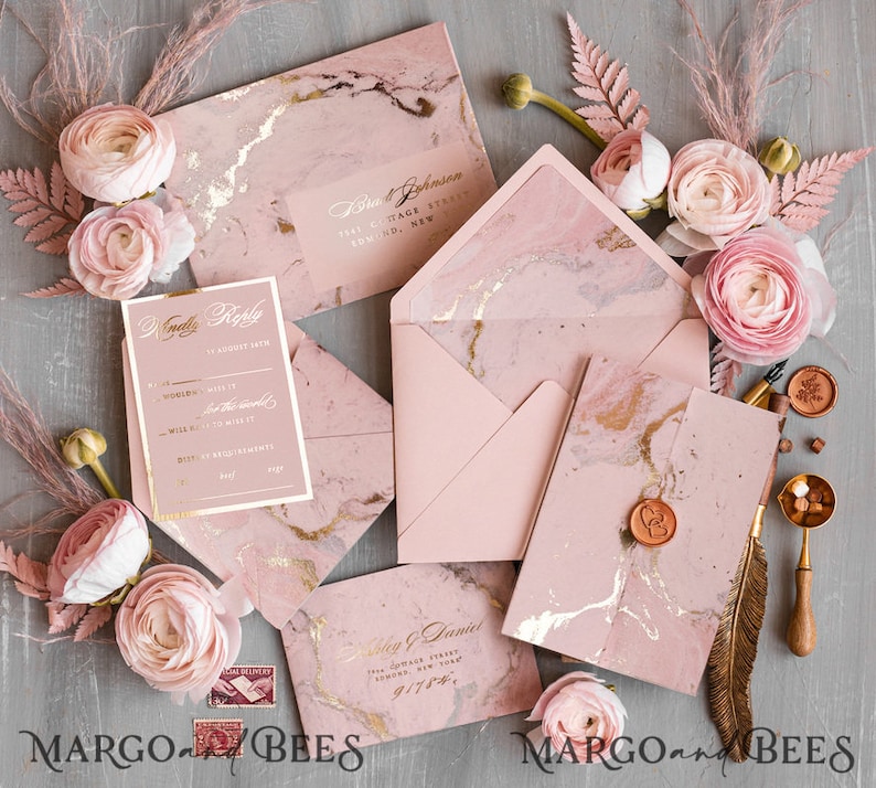 Pink Marble Golden Wedding Invitations Set Luxury Wedding Invitation ...