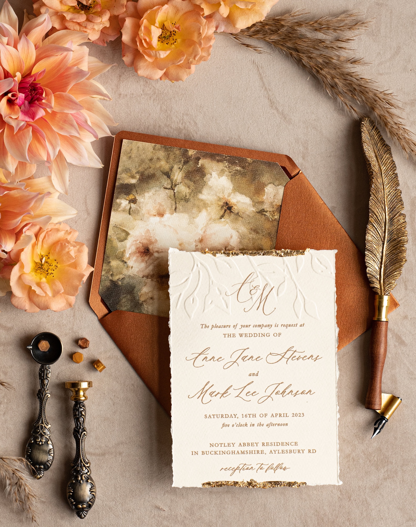 Embossed Ivory Gold Wedding Invitation, Floral Wedding Invitation ...